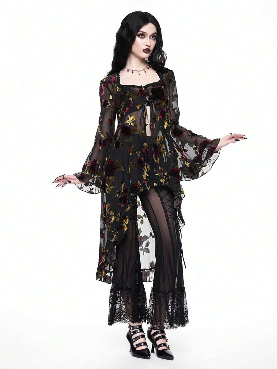 Gothic Goddess Floral Print See-Through Ruffle Trim Top ...