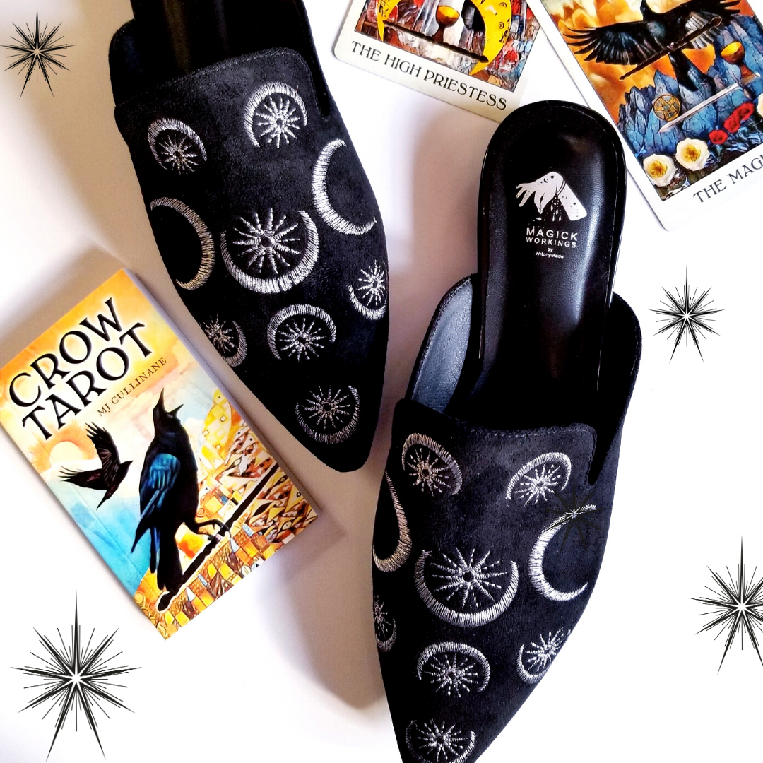 Embroidered Hecate Triple Moon + Star Mules – MagickWorkings by WitchyMade